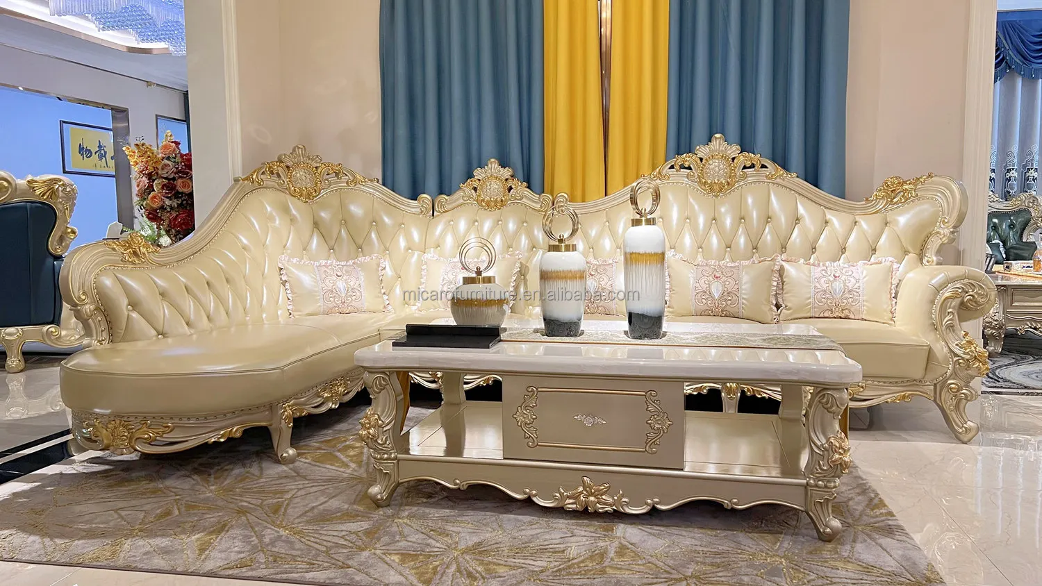 L Shape Wood Frame Living Room Floor Elegant Chairs Upholstered High ...