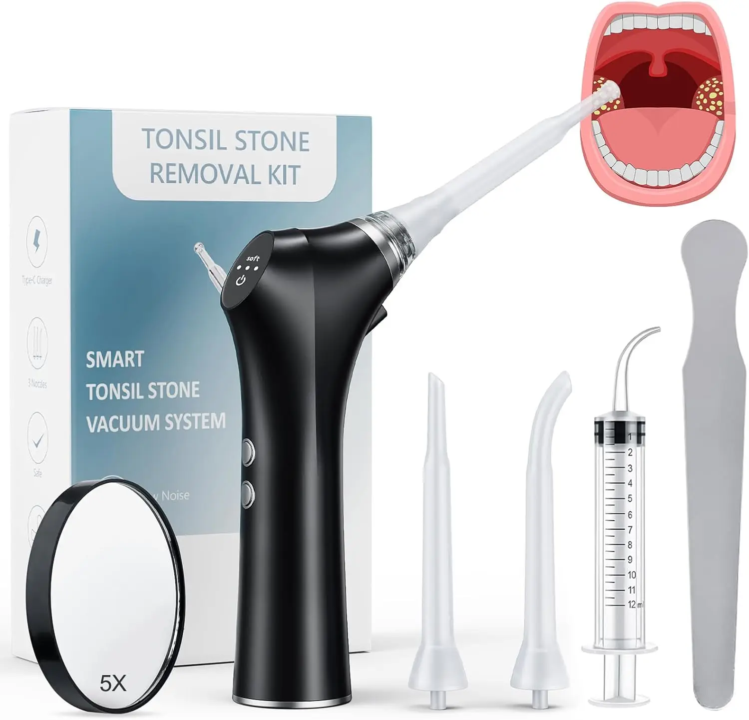 Tonsil Stone Vacuum Electric Tonsil Stone Remover Kit with LED Light 3 ...