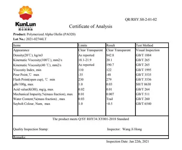 PAO Base Oil Poly Alpha Olefin PAO 20 - High Performance