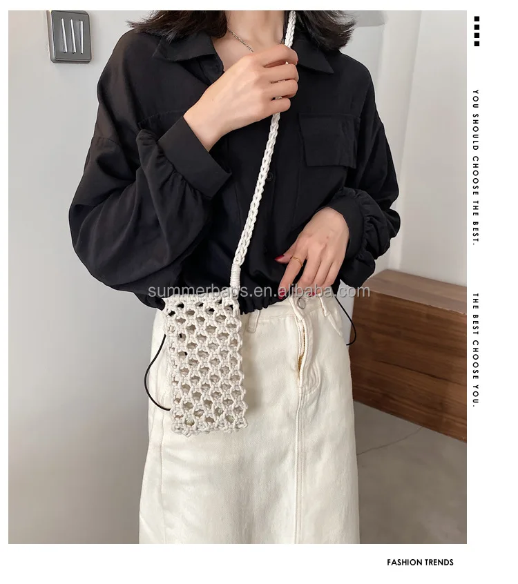 Wholesale Handmade Crochet Cotton Rope Woven Mobile Phone Bag