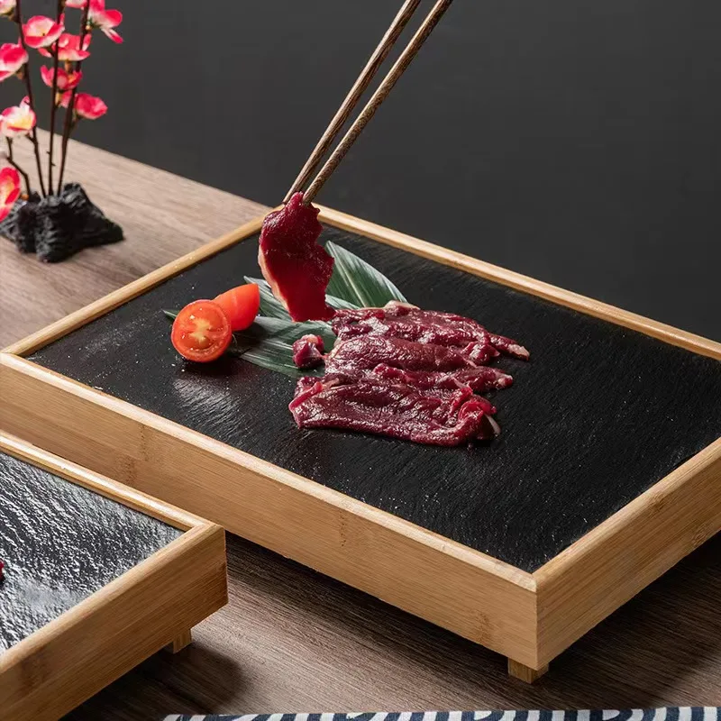 Wholesale Black Rectangle Slate Steak Plate With Wood Custom Black ...