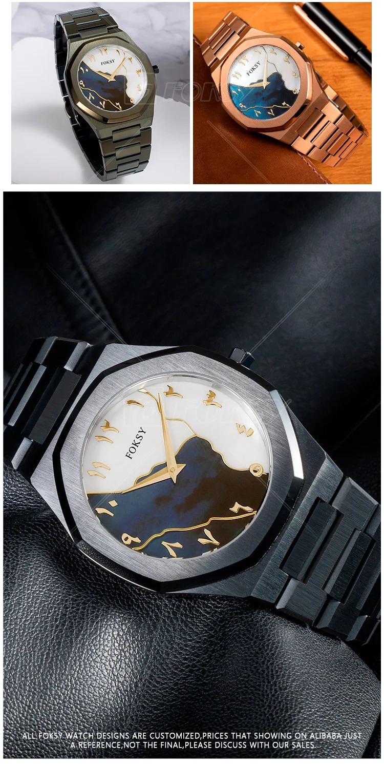 Stainless Steel Luxury Oem Odm Custom Logo Green Arabic Dial Gold Round ...