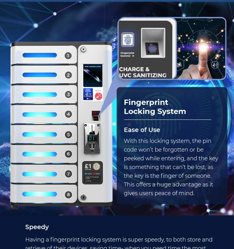 8 Bay Fingerprint Locking Coin Operated Charging Locker