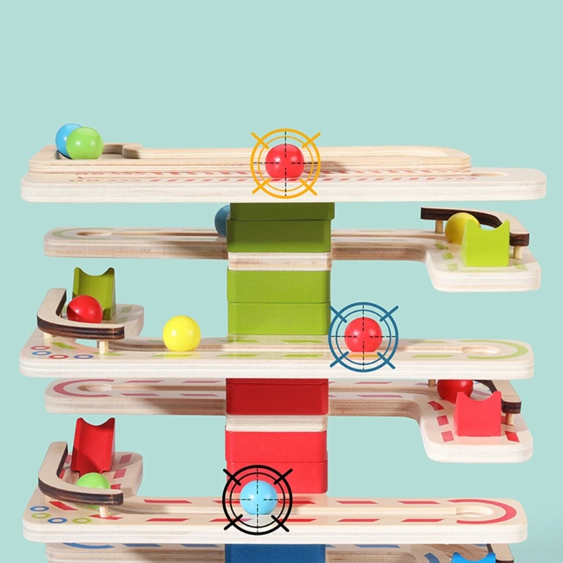 Wooden Ball Ramp Race Track Sliding Toy 4 Layer Rolling Tower Parent ...