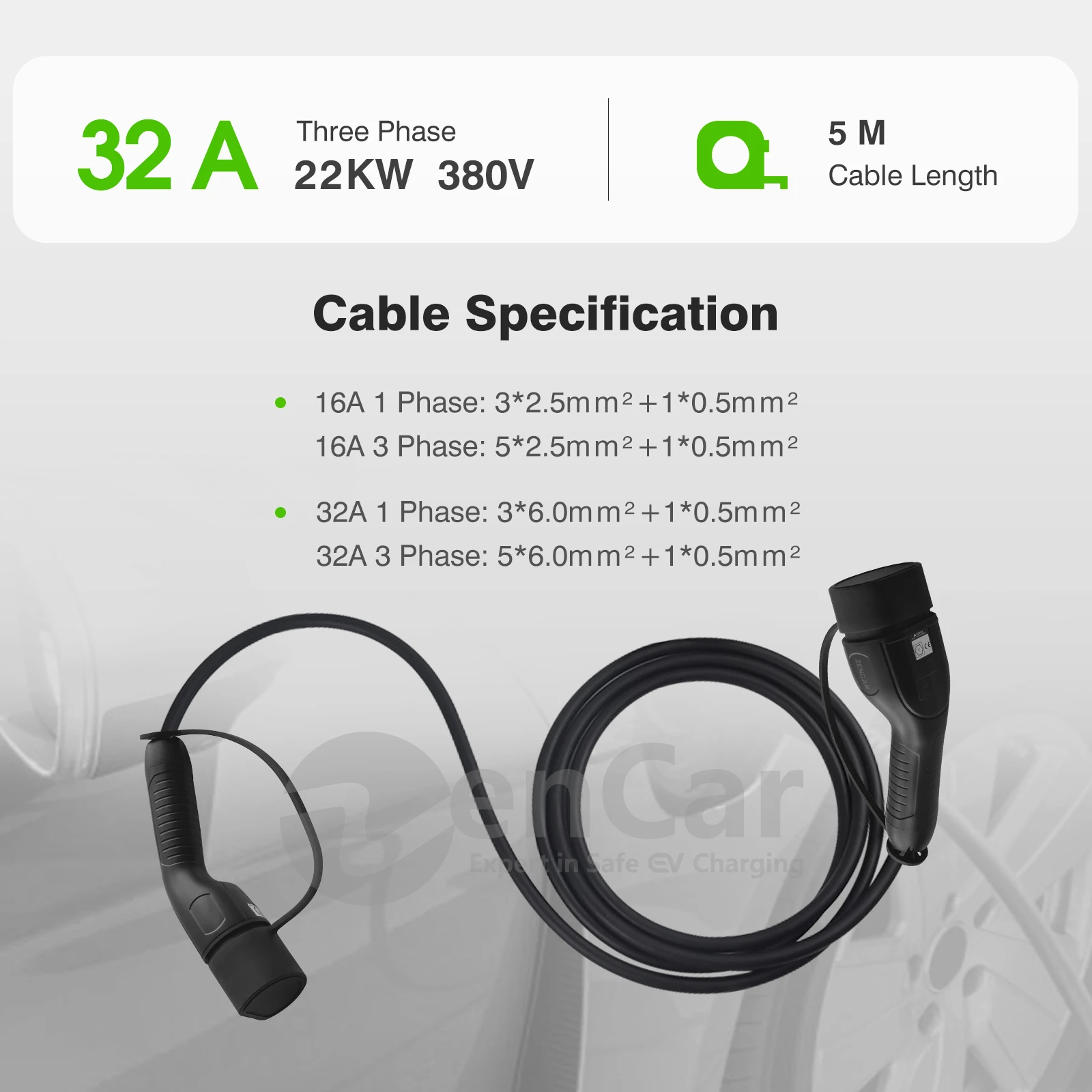 Zencar Tesla Ev Charger Cable 32a 400v 22kw Type 2 To Type 2 Connectors ...