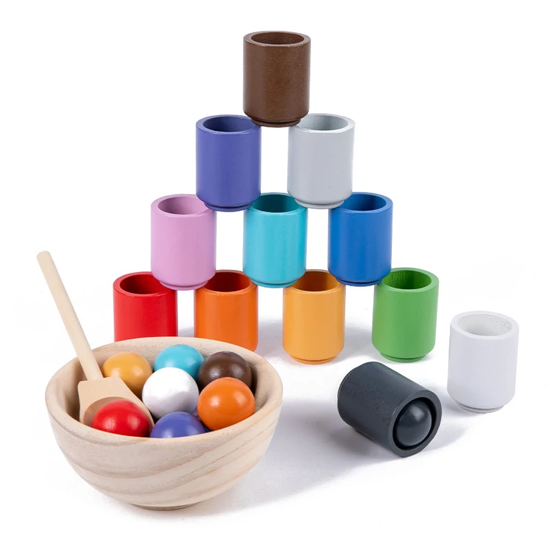 Rainbow Balls In Cups Montessori Toy Wooden Sorter Game 12 Balls Age 1 ...