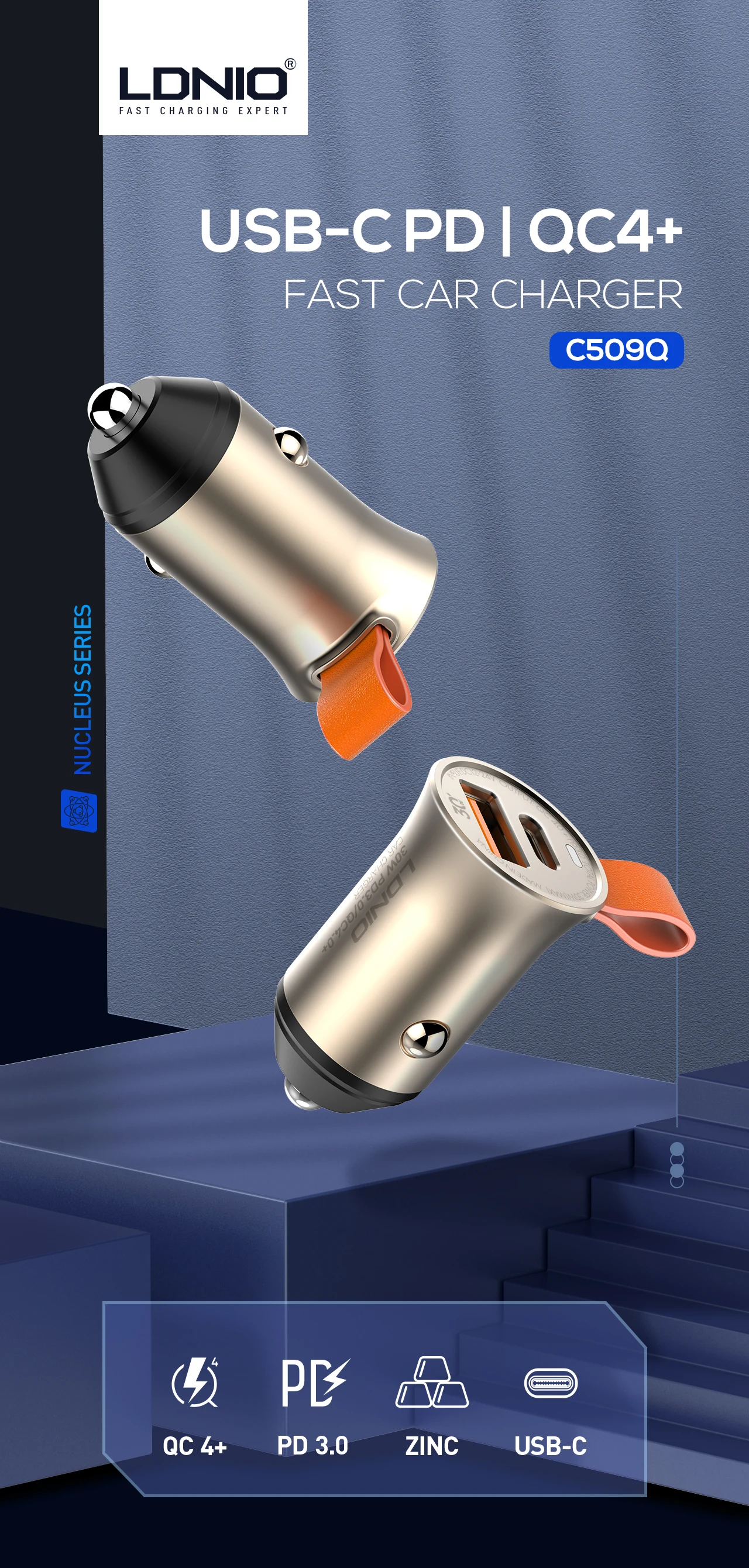 Ldnio C509q New Design Dual Port Car Charger 30w Type-c Pd And Qc 3.0 Metal Fast Car Usb Charger ...