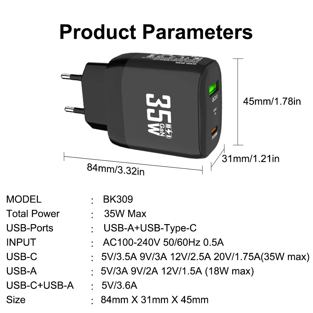 35w Gan Fast Charger Universal Dual Ports USB-C PD 35W QC3.0 USB 18W ...