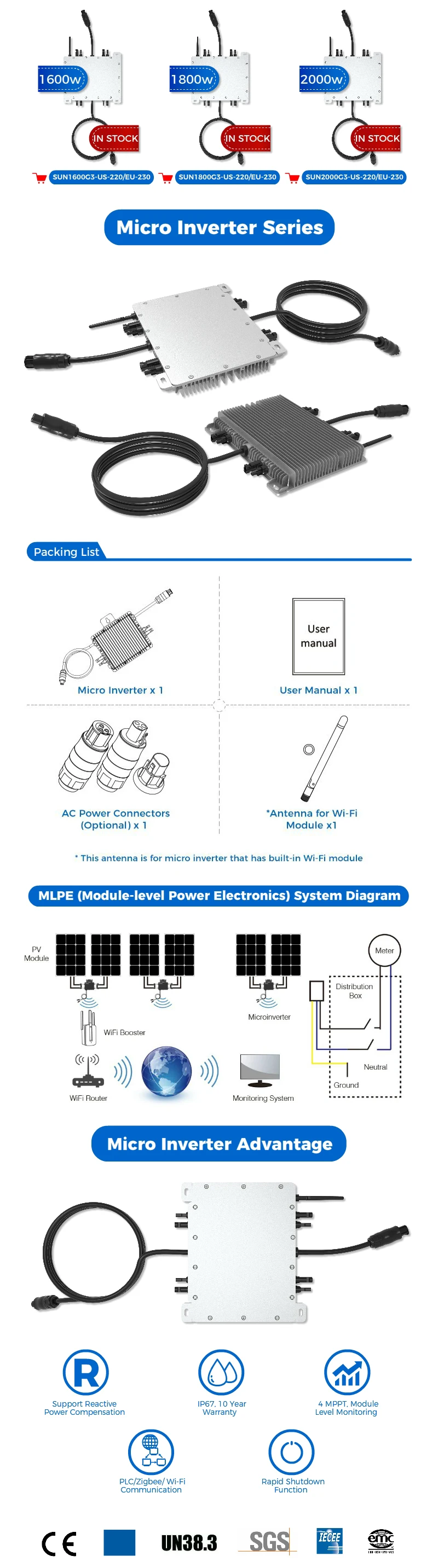 Deye On Off Grid Micro Inverter 600w 1800w 1600w 2000w Single Solar ...