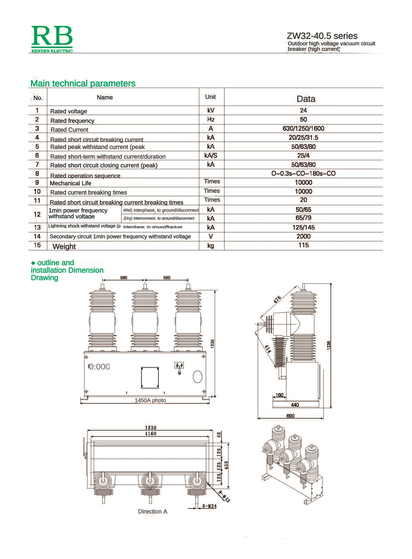 Outdoor High Voltage Circuit Breaker Vacuum Zw32-40.5kv 1250a Automatic Reclosing Vacuum Switch ...