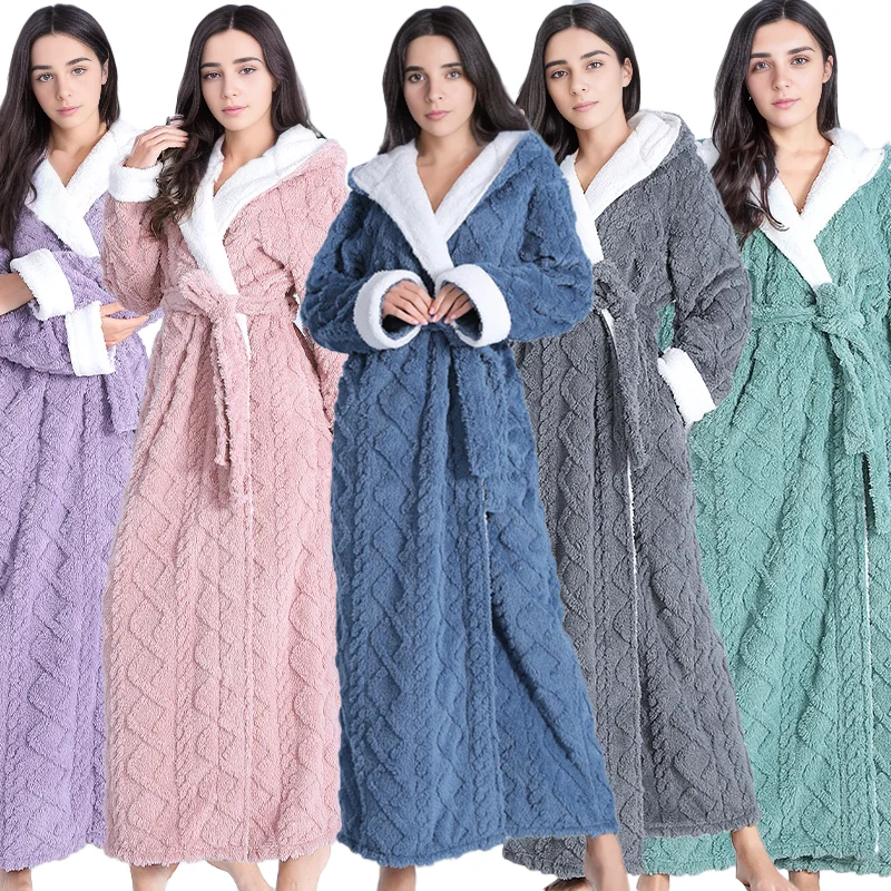 Luxury Fleece Thermal Fluffy V-neck Hooded Flannel Women's Jacquard Flannel Thickened Warm Long ...