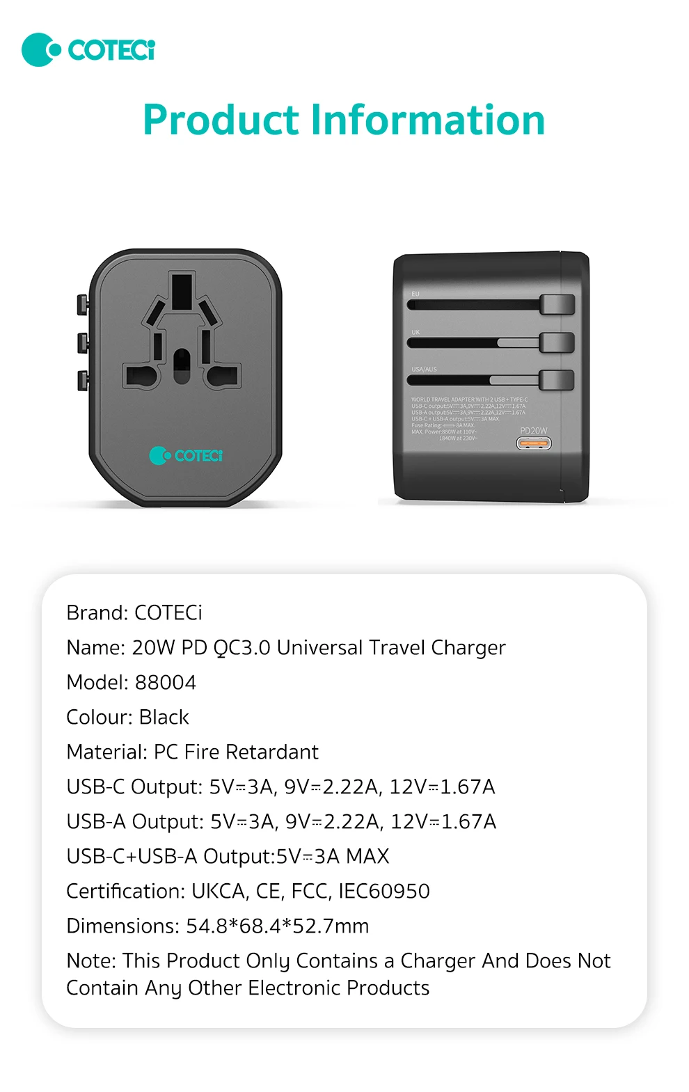Coteci Gan 20w Pd Qc 3.0 Fast Charging Usb Wall Charger Uk Us Eu Au Plug Universal Travel ...