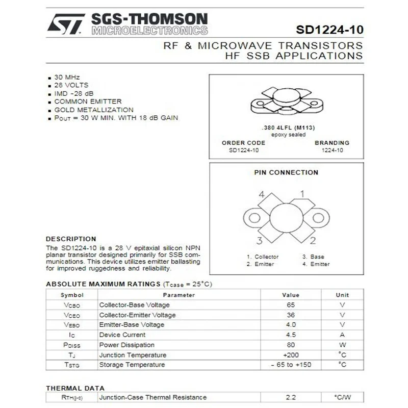SD1224-10 [ 28V 30MHz M113 ] RF & MICROWAVE TRANSISTOR. HF SSB ...