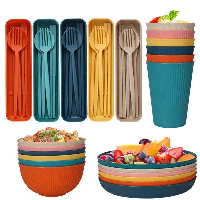 16pcs Plastic Wheat Straw Dishwasher Microwave Safe Rv Outdoor Camping ...