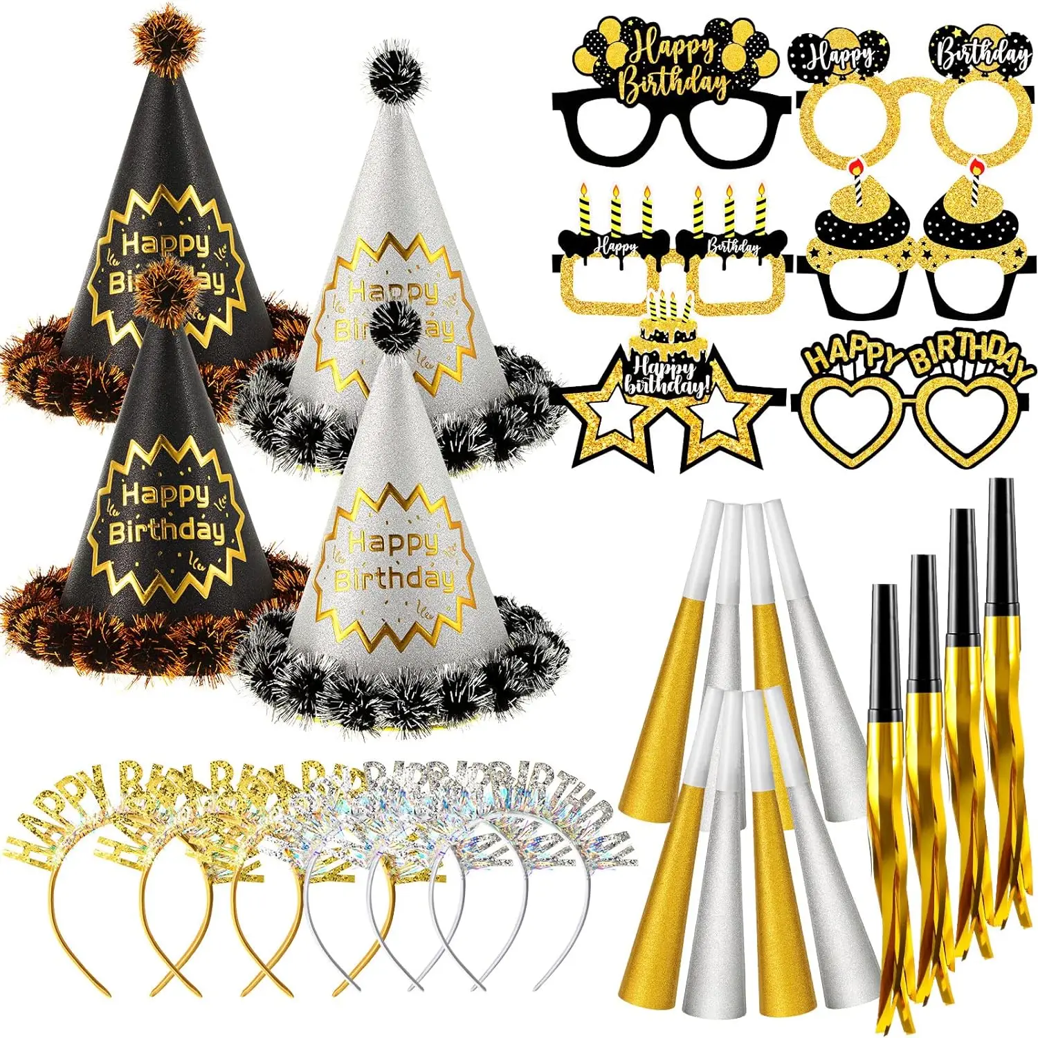 36 Pcs Birthday Party Hat Set-black And Sliver Happy Birthday Cone Hat ...