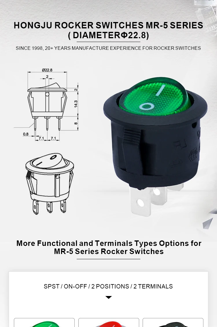 Spst 12v Rocker Switch Round Hole 20mm Cut Out Mr-5 - Buy 12v Rocker ...
