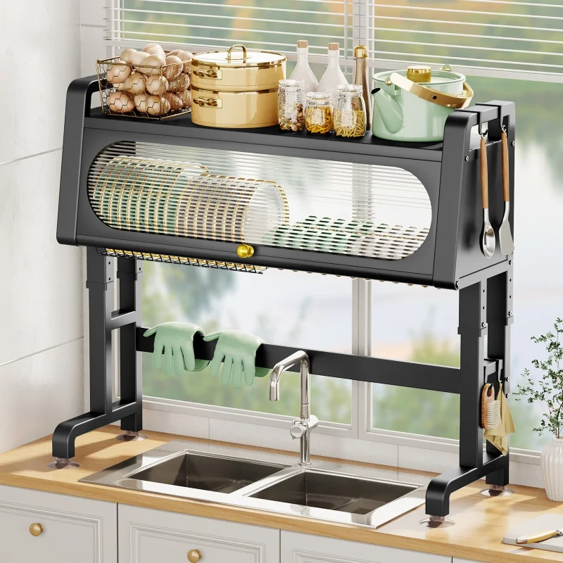 Retractable Kitchen Countertop Sink Storage Cabinet 2 Tier Dish Drying Rack