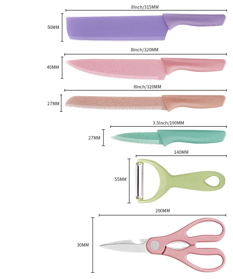 Wheat Straw Pastel Color Kitchen Knives Set - 6 Pieces Stainless Steel ...