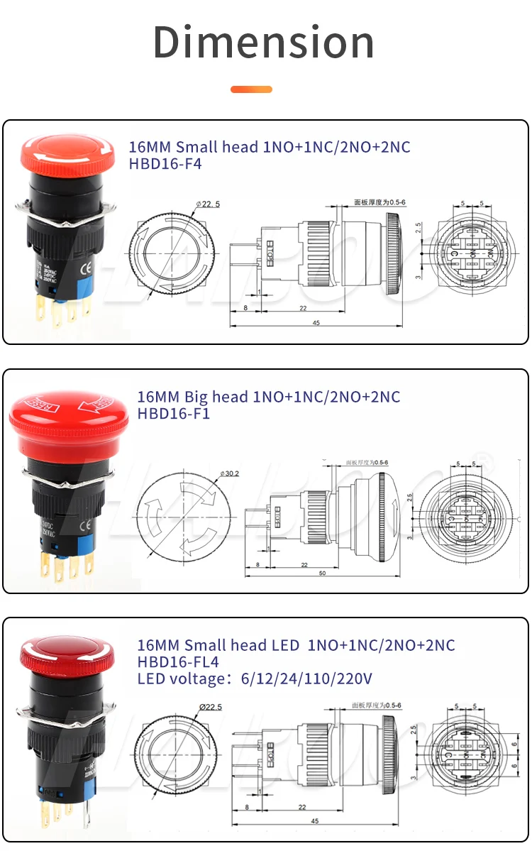 16mm Plastic Emergency Stop Switch Self Locking Latching Button Red Mushroom Head Switch For ...