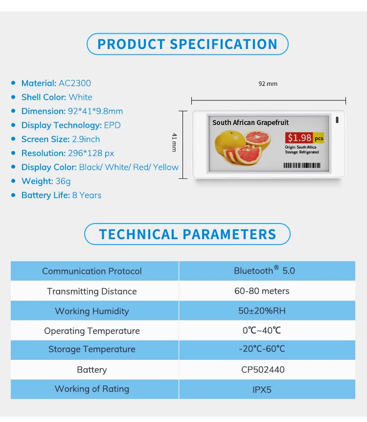 MinewTag 2.9 Inch 4-Color E-ink Price Tag for Supermarkets - OEM