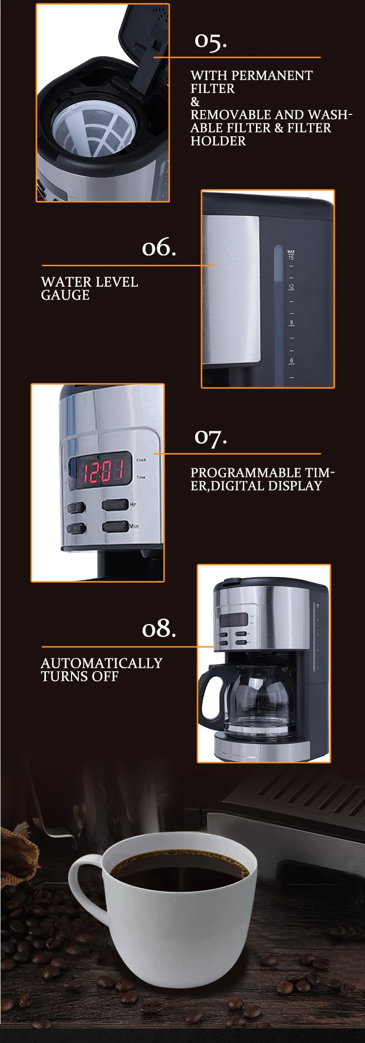 Programmable Coffee Maker With Timer Anti-drip Function S/s Decoration ...