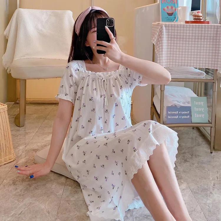 2022 Girl Night Gown Pajamas Lace Pijama Barata Mayoreo Floral Printed ...