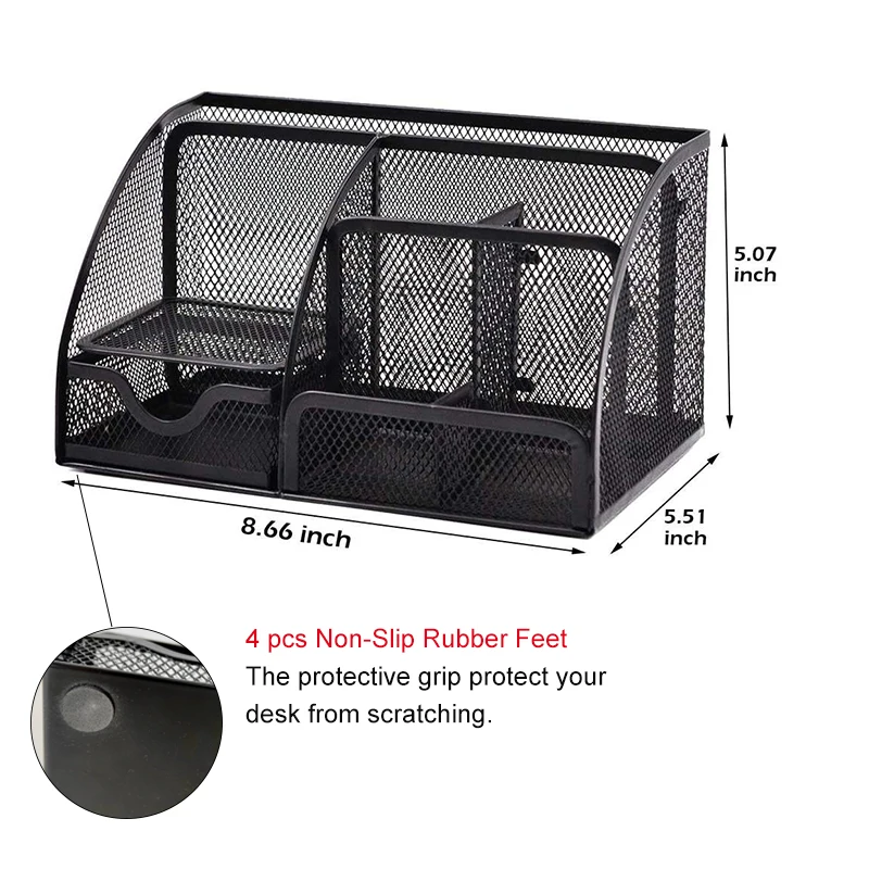 6 Compartments Office Supplies Blue Black Desk Organiser Metal Mesh ...