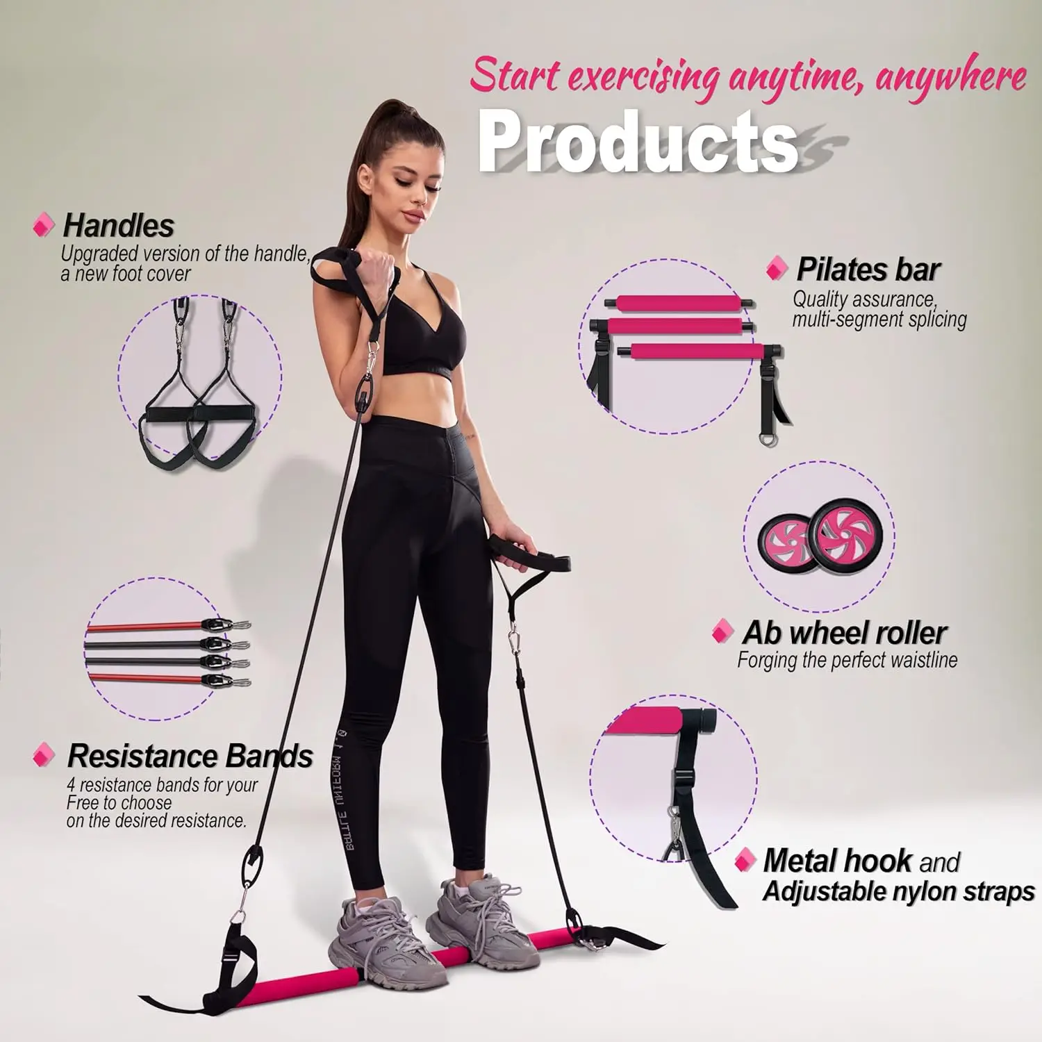 MR Custom Private Label 3 Section Pilates Bar with Stackable Bands ...
