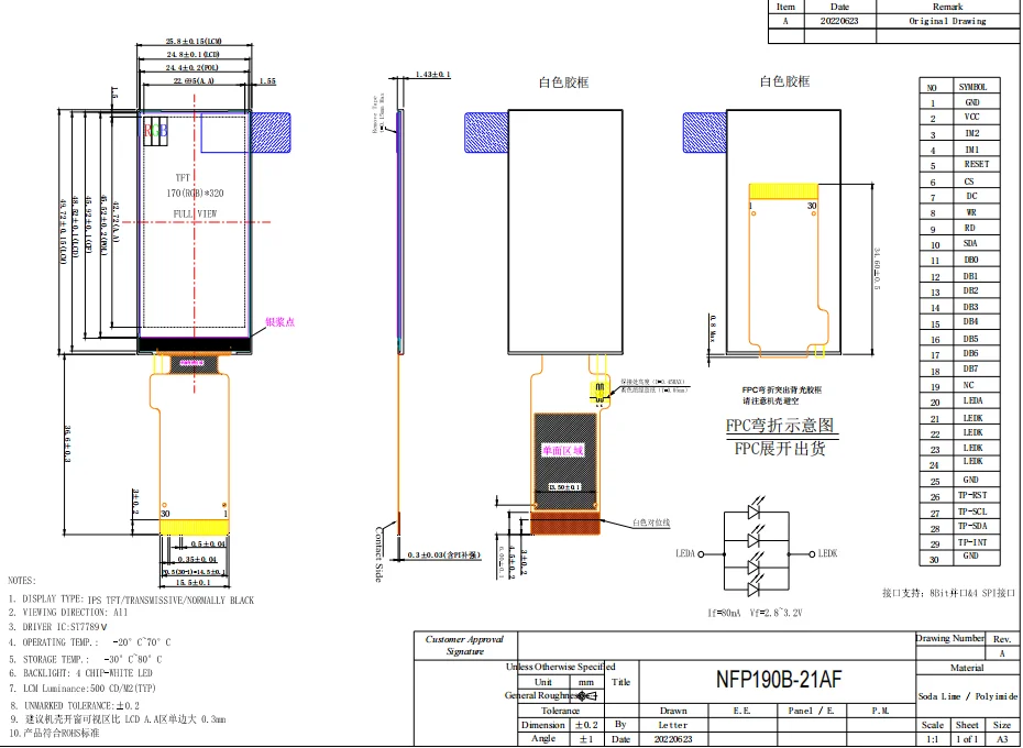 1.9 Inch IPS TFT LCD Display Module 170x320, SPI/MCU Interface, ST7789V ...