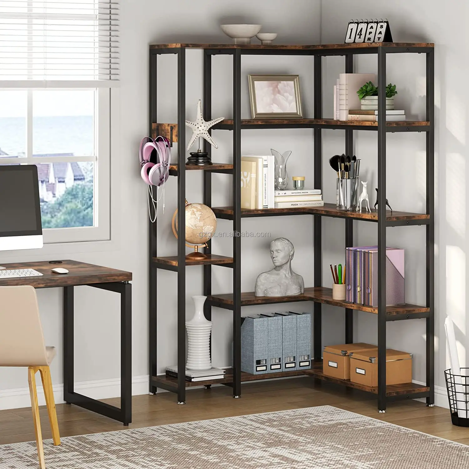 5-shelf Corner Bookshelf Industrial Large Corner Bookcase With Metal ...