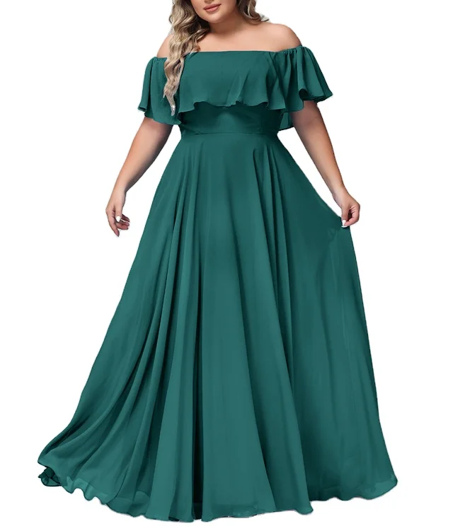 2024 Summer Fat Woman Off The Shoulder Ruffle Plus Size Chiffon Dress ...