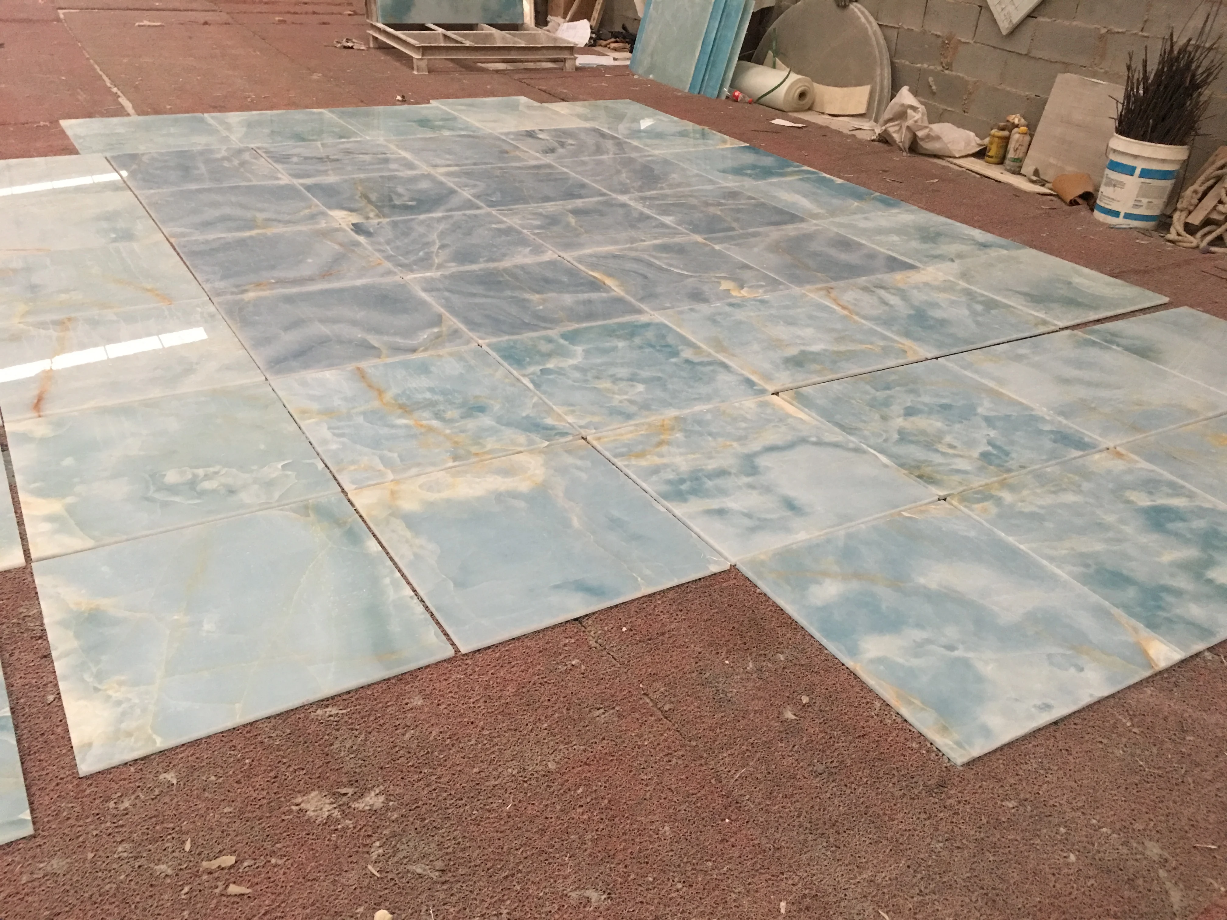 Backlit Golden Sky Blue Onyx Marble Slab Wall Cladding