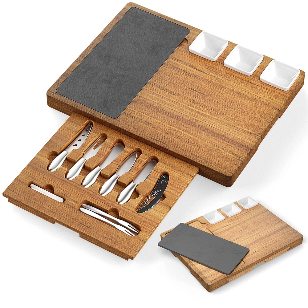 Large Slate Acacia Wood Cheese Board Knife Set With Drawer Wholesale ...
