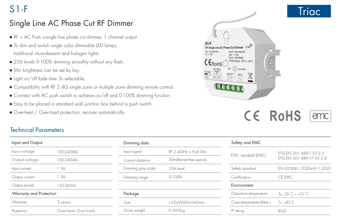 Skydance Single Line Ac Phase Cut Rf Dimmer 100~240vac Triac Push ...