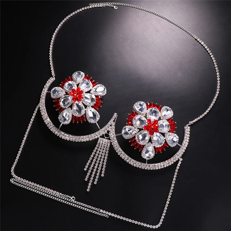 Personality Colorful Rhinestone Flower Nipple Bra Body Chain Fashion ...