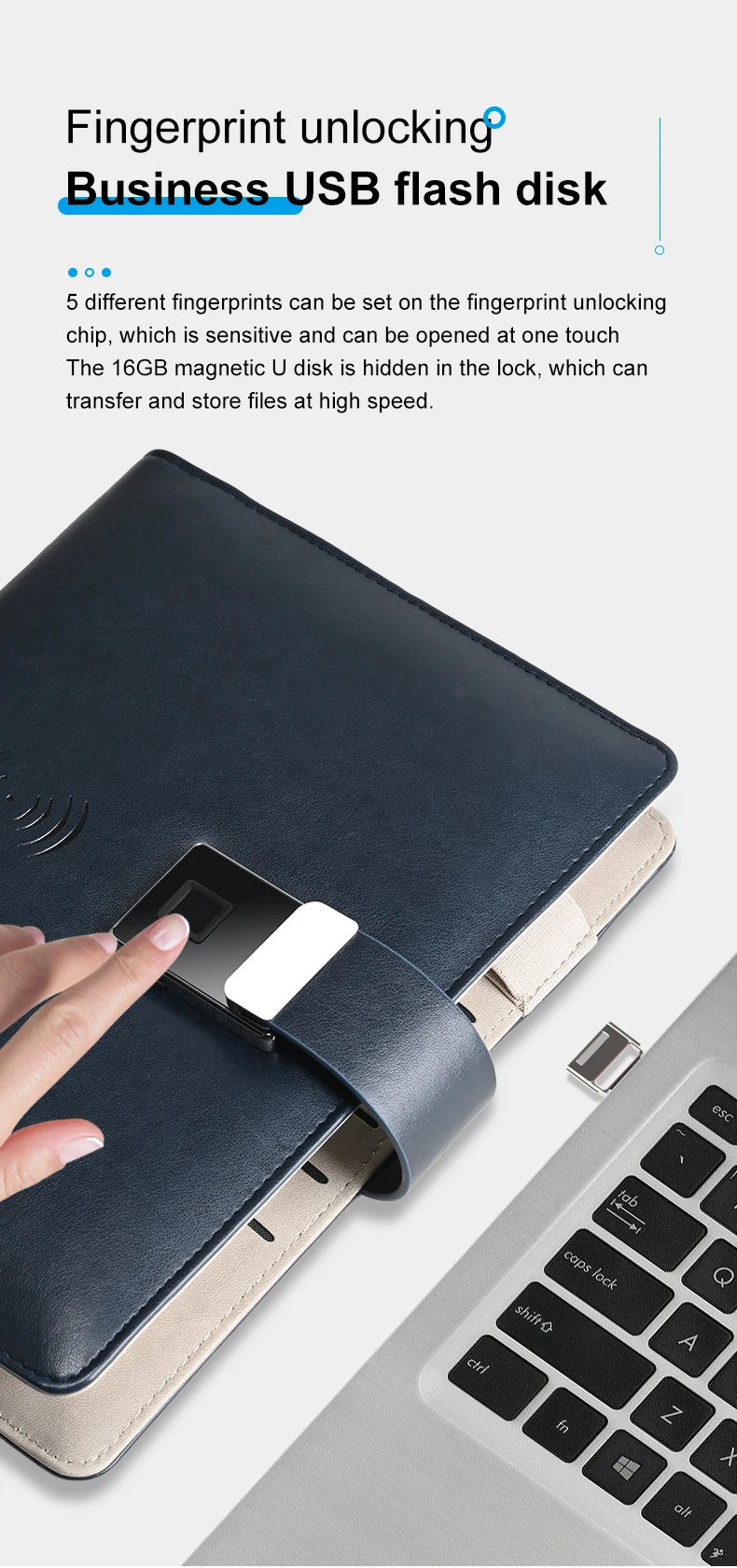 Custom Fingerprint Lock Leather Notebook with Powerbank