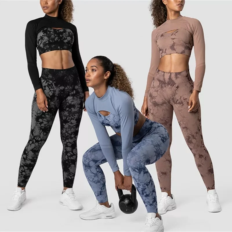 New Fall Butt Lift Brown Long Sleeve Tie Dye Women 3 Piece Sports ...