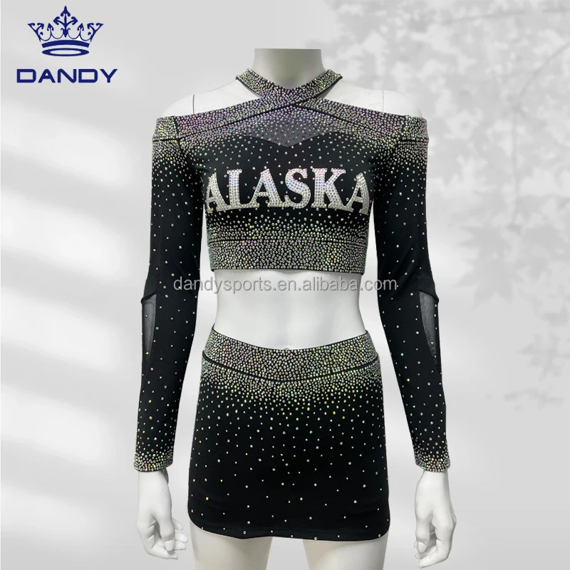 Custom Dancing Uniform Black Cheering Apparel Long Sleeve Rhinestone ...