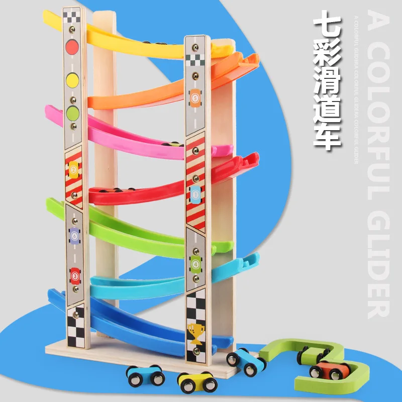 Wooden Sliding Colorful Slide Car Seven-story Slide Car Inertia Car ...