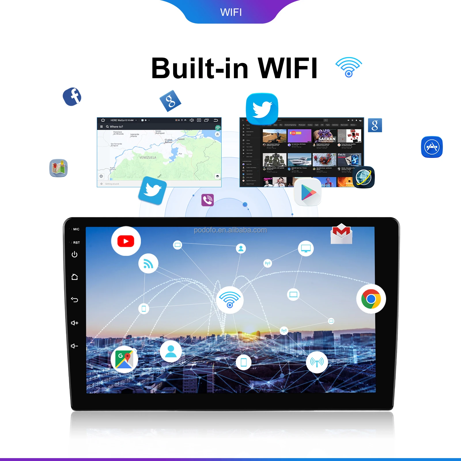 Podofo Double Din Android Car Radio - 10.1" 6+128GB IPS Screen