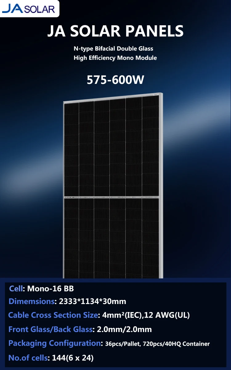 Ja N-type Bifacial 575w 580w 585w 590w 595w 600w Dual Glass Mono Solar ...