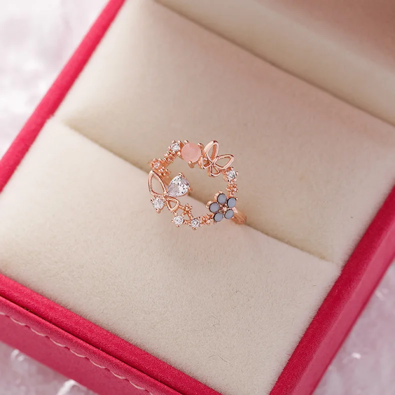 Korean Popular Diamond Crystal Zirconia Flower Ring for Girls