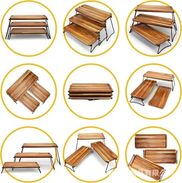 Foldable Steppted Wrought Iron Rack Acacia Wood Plate Dish Food Snack ...