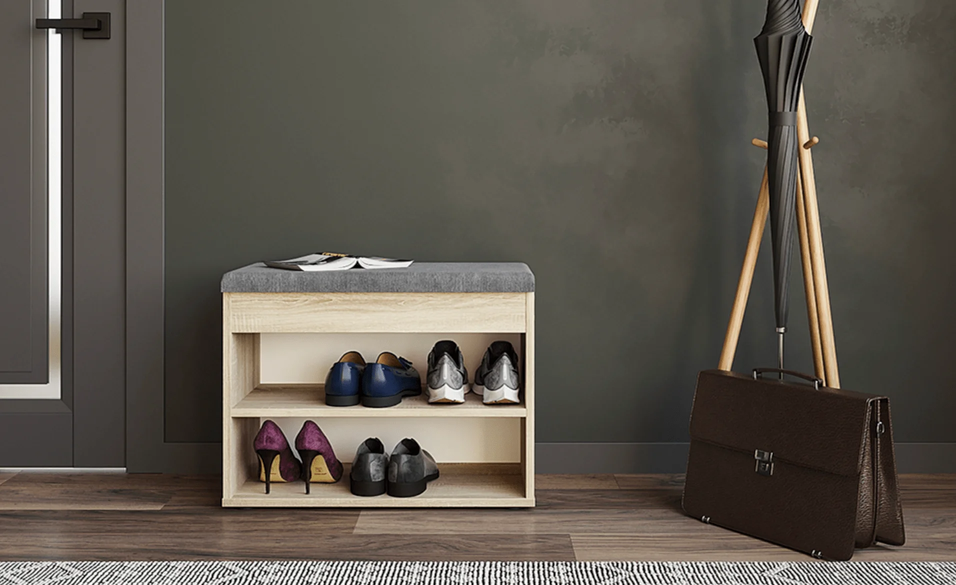 Shoe Rack Bench With Leather Cushion Shoe Shelf For Living Room Mud ...