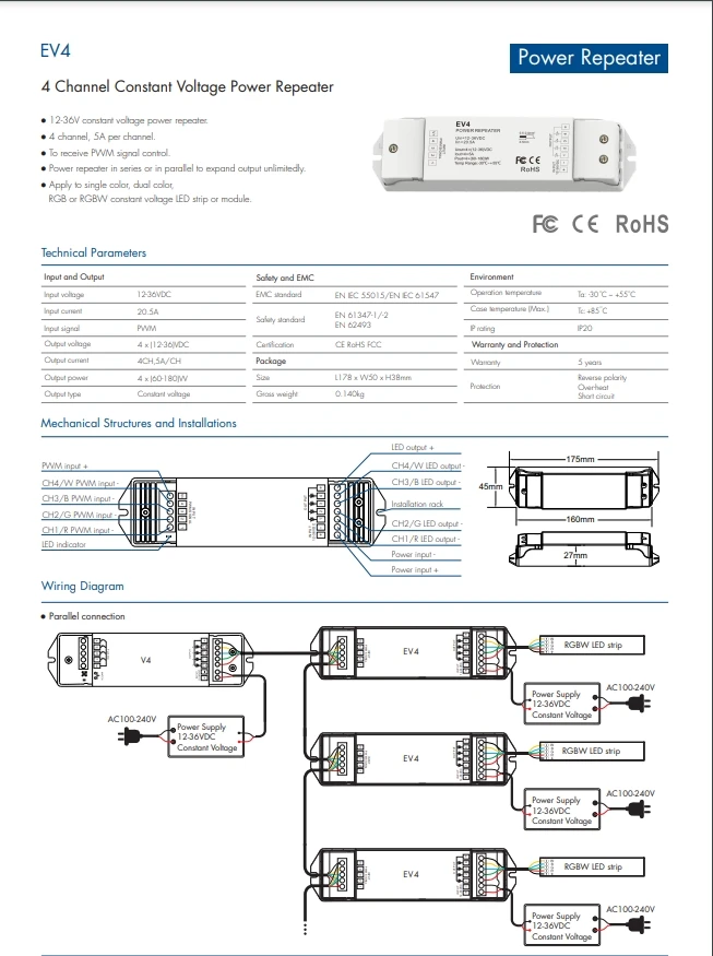 SKYDANCE 4CH Constant Voltage Power Repeater EV4 4CH*5A 12-36VDC ...