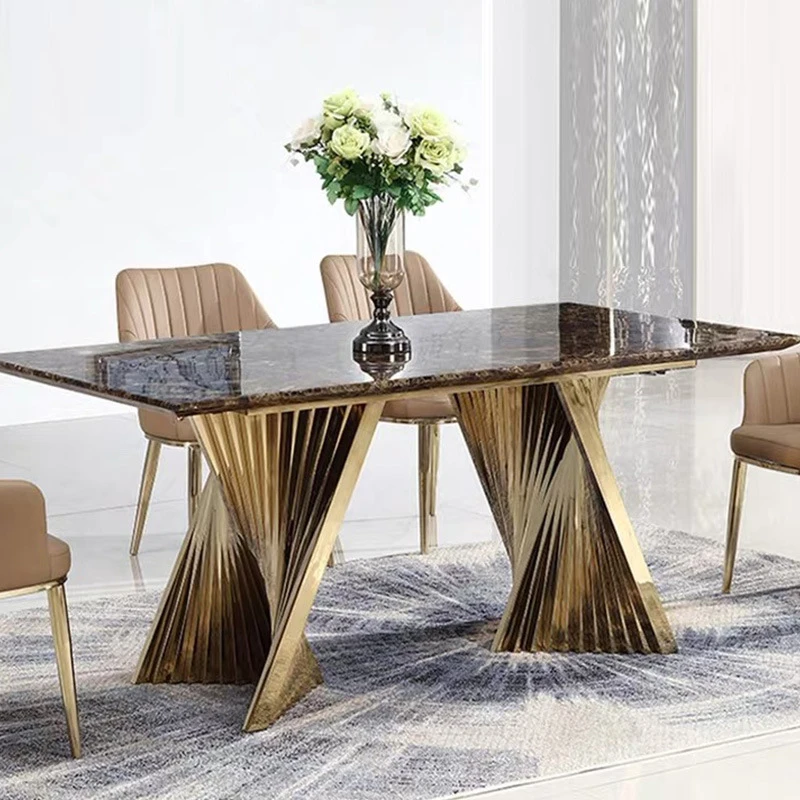 Luxury Dining Table and Chair Combination Marble Top Rectangular Dining ...