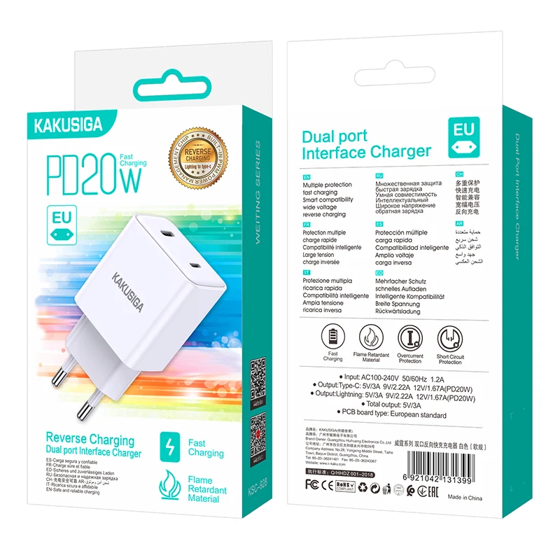 Kakusiga-conjunto De Cargador De Carga Rápida Pd20w De Doble Puerto Inverso Lightning-type-c Eu ...
