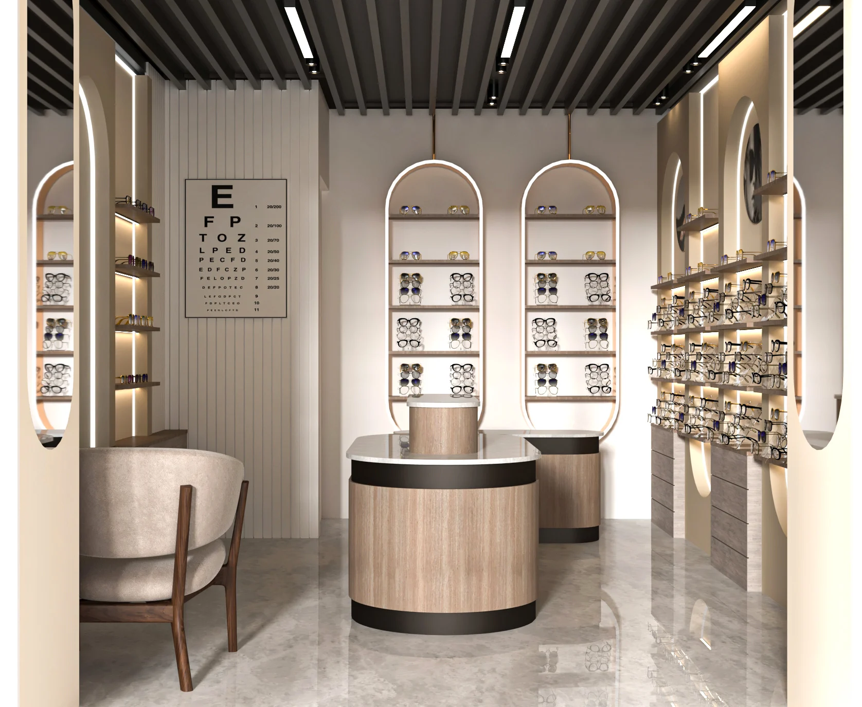 Custom Modern Optical Shop Interior - Wood Display Cabinets