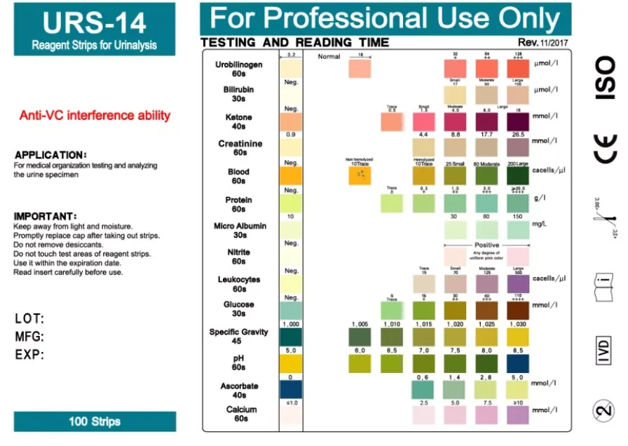 URS-14 Urine Test Strips - 14 Parameters for Urinalysis