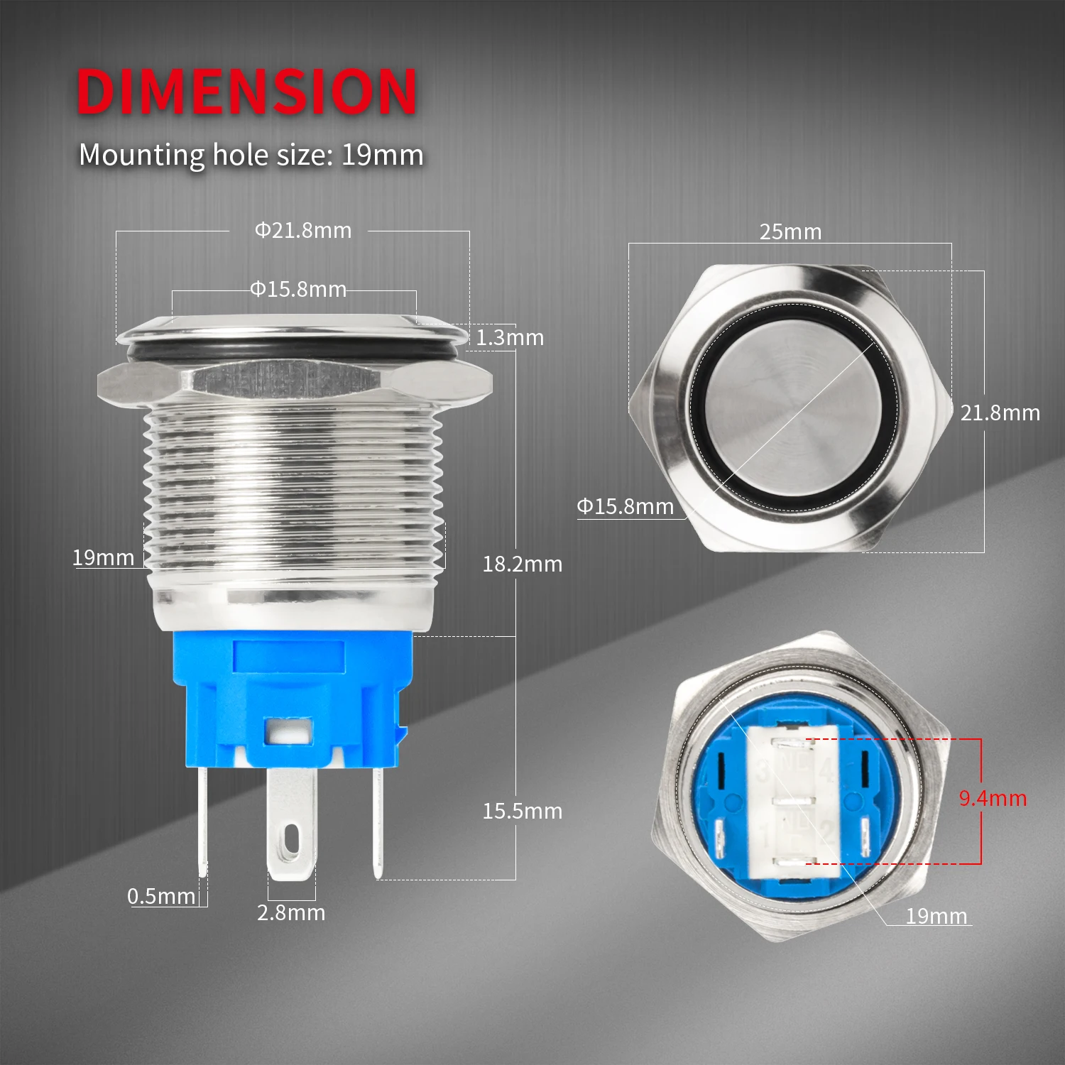 19MM 12V Blue LED Illuminated Ring Metal Push Button Switch Latching ...